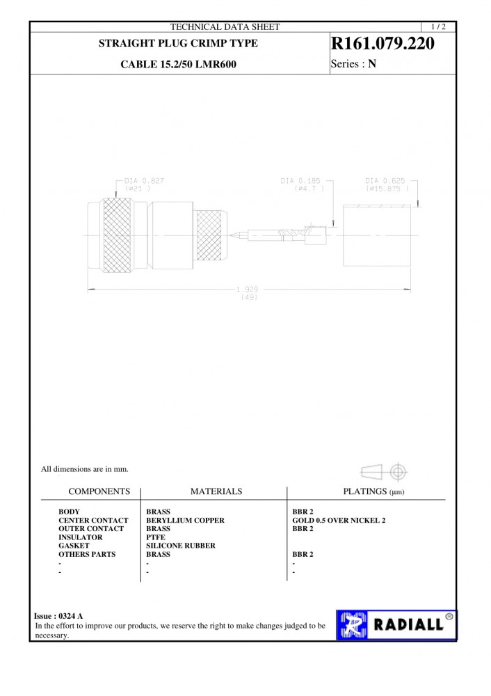 Radiall R161079220 technical data sheet, page 1