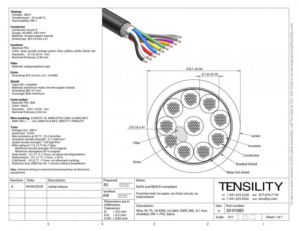 Tensility 30-01085 product drawing and cable construction