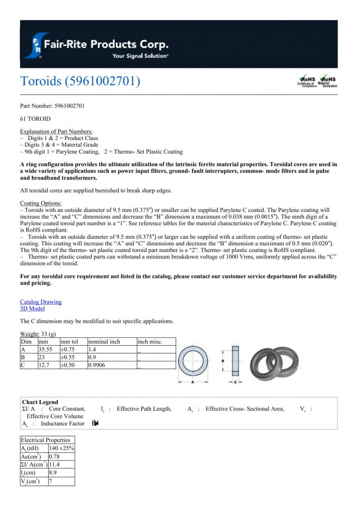 Fair-Rite 5961002701 catalog documentation page 1