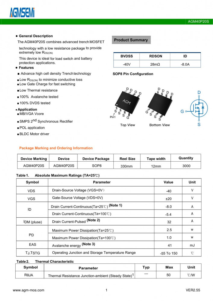 AGM40P20S datasheet page 1