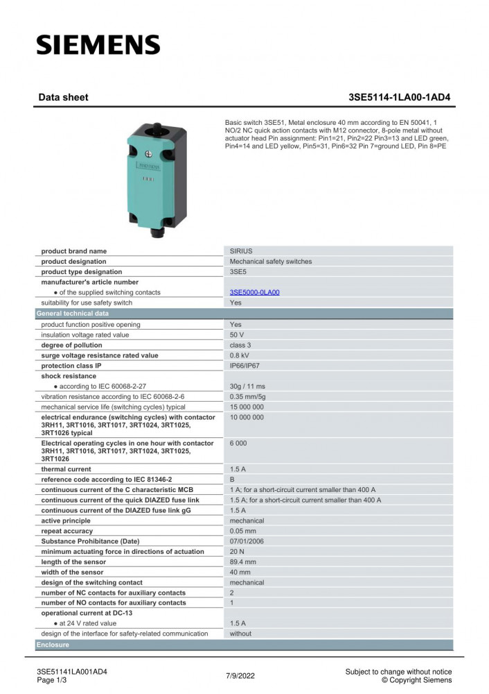 SIEMENS 3SE5114-1LA00-1AD4 datasheet page 1