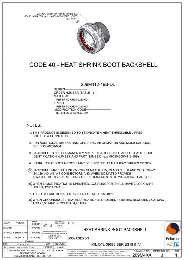 TE Connectivity 209M4XX heat shrink boot backshell drawing page 1
