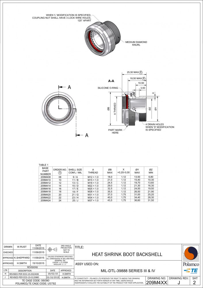 TE Connectivity 209M4XX heat shrink boot backshell drawing page 2