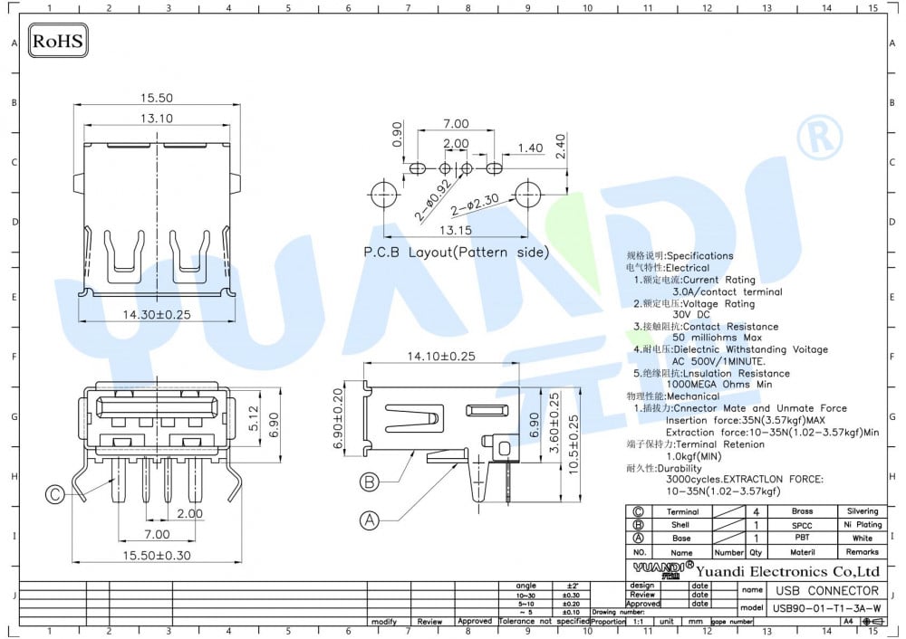 Yuandi USB90-01-T1-3A-W technical drawing