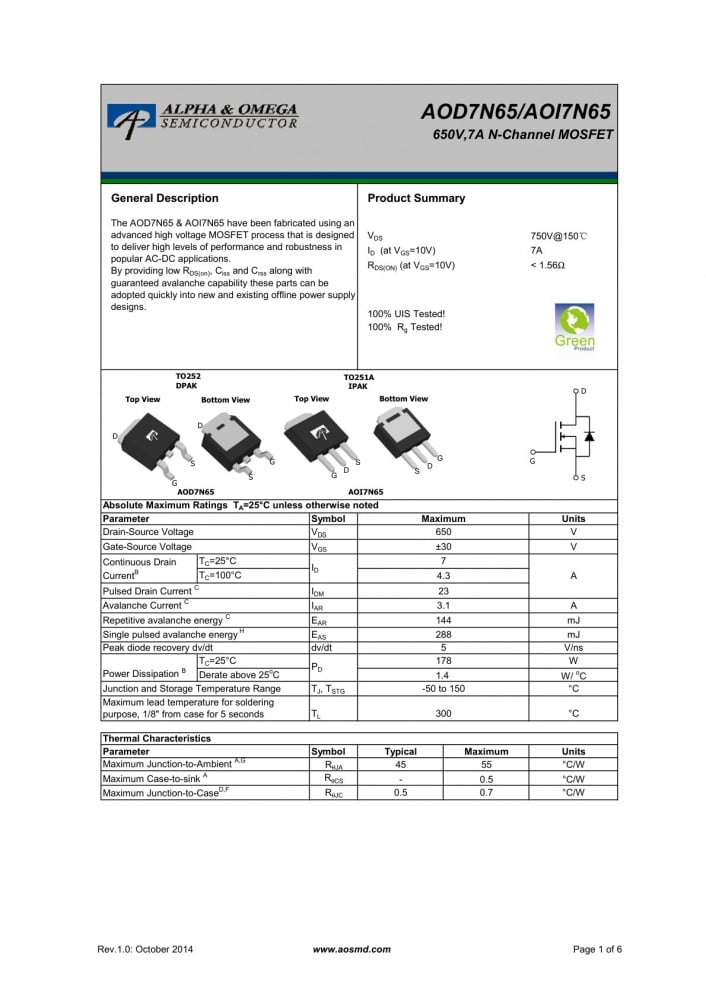 AOD7N65 datasheet page 1