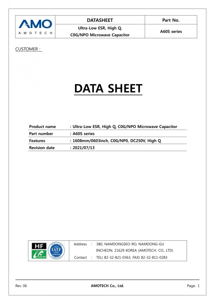 AMOTECH A60S datasheet page 1