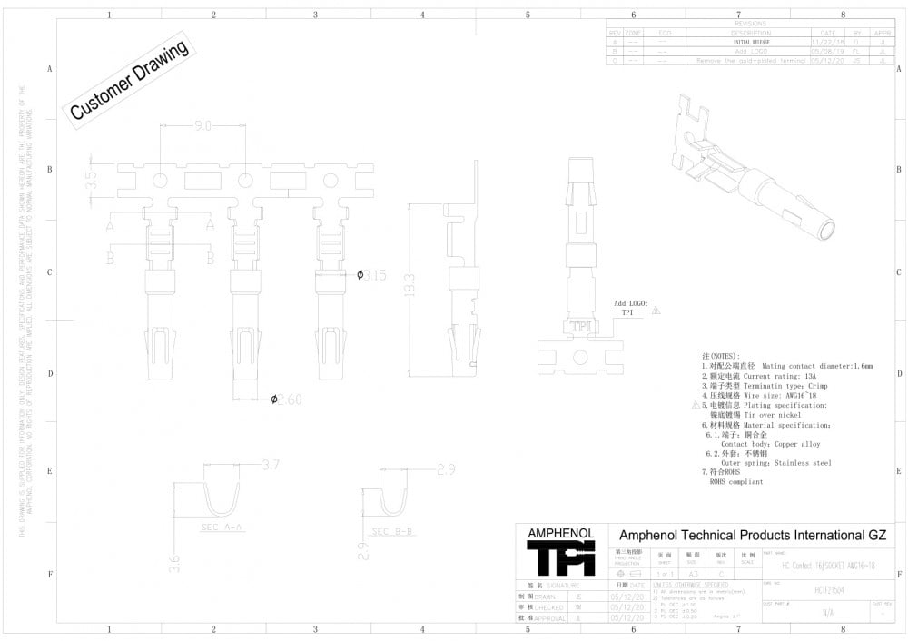 Amphenol HCTF21504 technical drawing