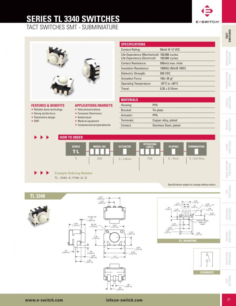 E-Switch TL3340AF160QG technical document page