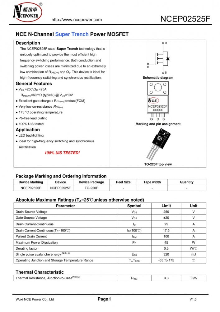 NCEP02525F datasheet page 1