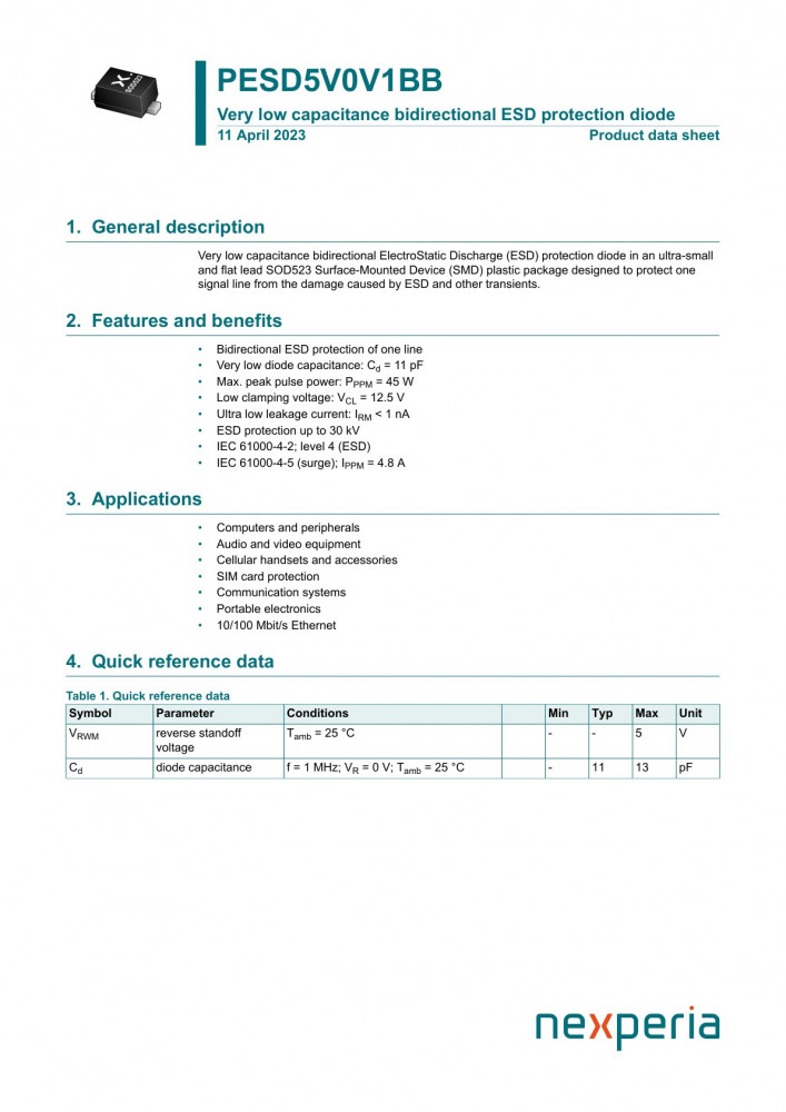 PESD5V0V1BB datasheet page 1