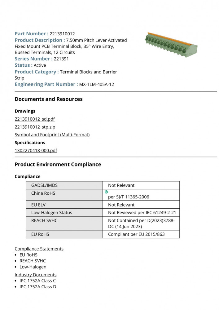 MOLEX 2213910012 technical document page 1