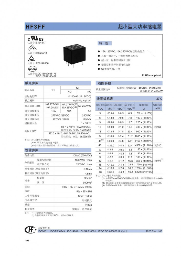 HONGFA JQC-3FF relay datasheet page 1