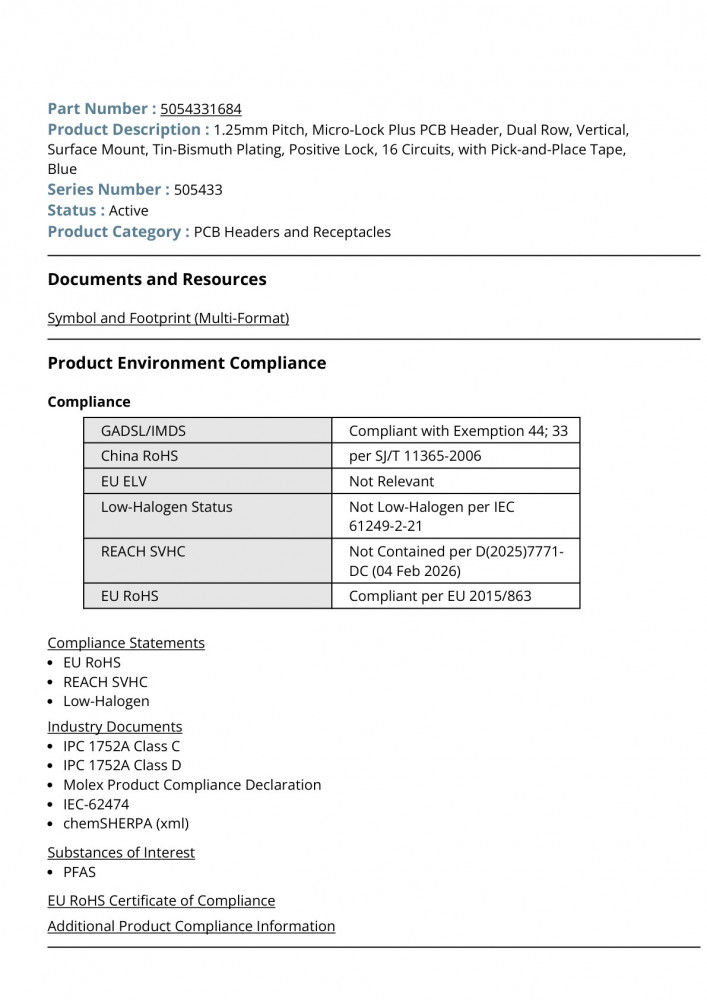 Technical document page image 1 for MOLEX 5054331684