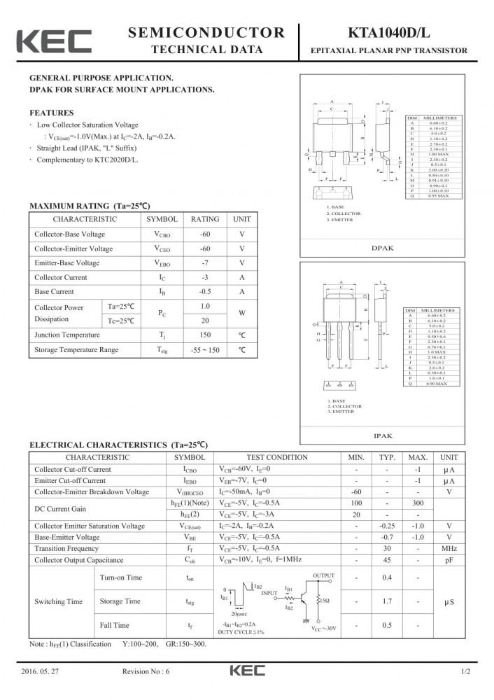 KTA1040D-Y-RTF/P datasheet page 1