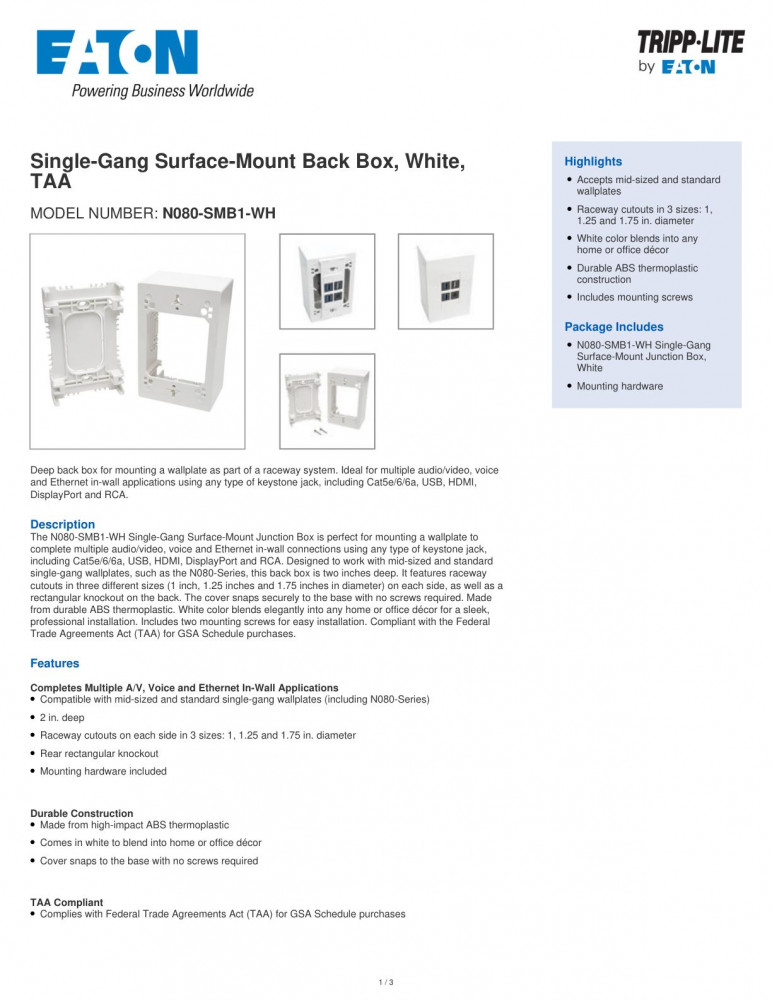 EATON N080-SMB1-WH documentation page 1