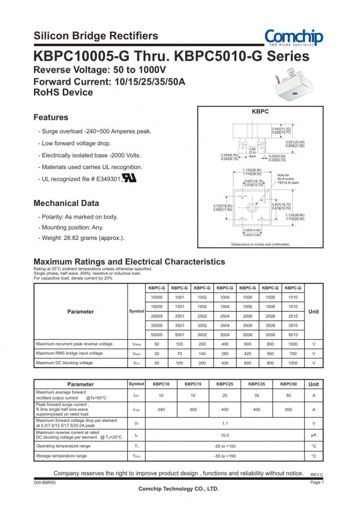 Comchip KBPC-G series datasheet page 1