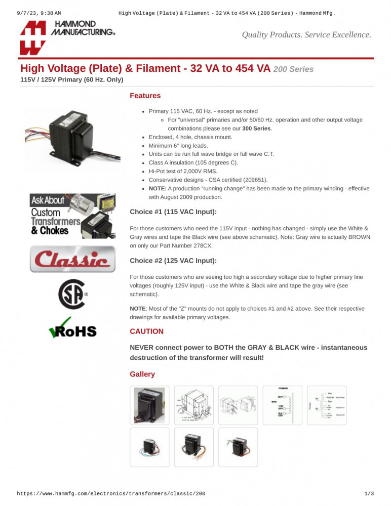 Hammond 200 Series transformer documentation page 1
