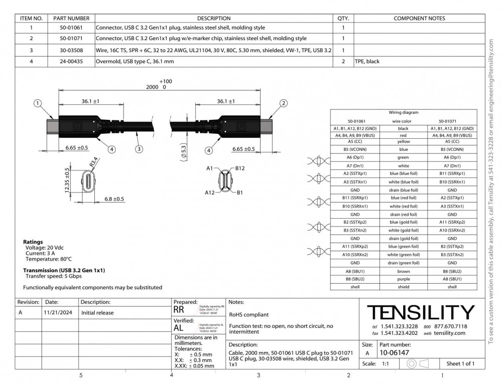 Tensility International 10-06147 USB-C cable assembly drawing