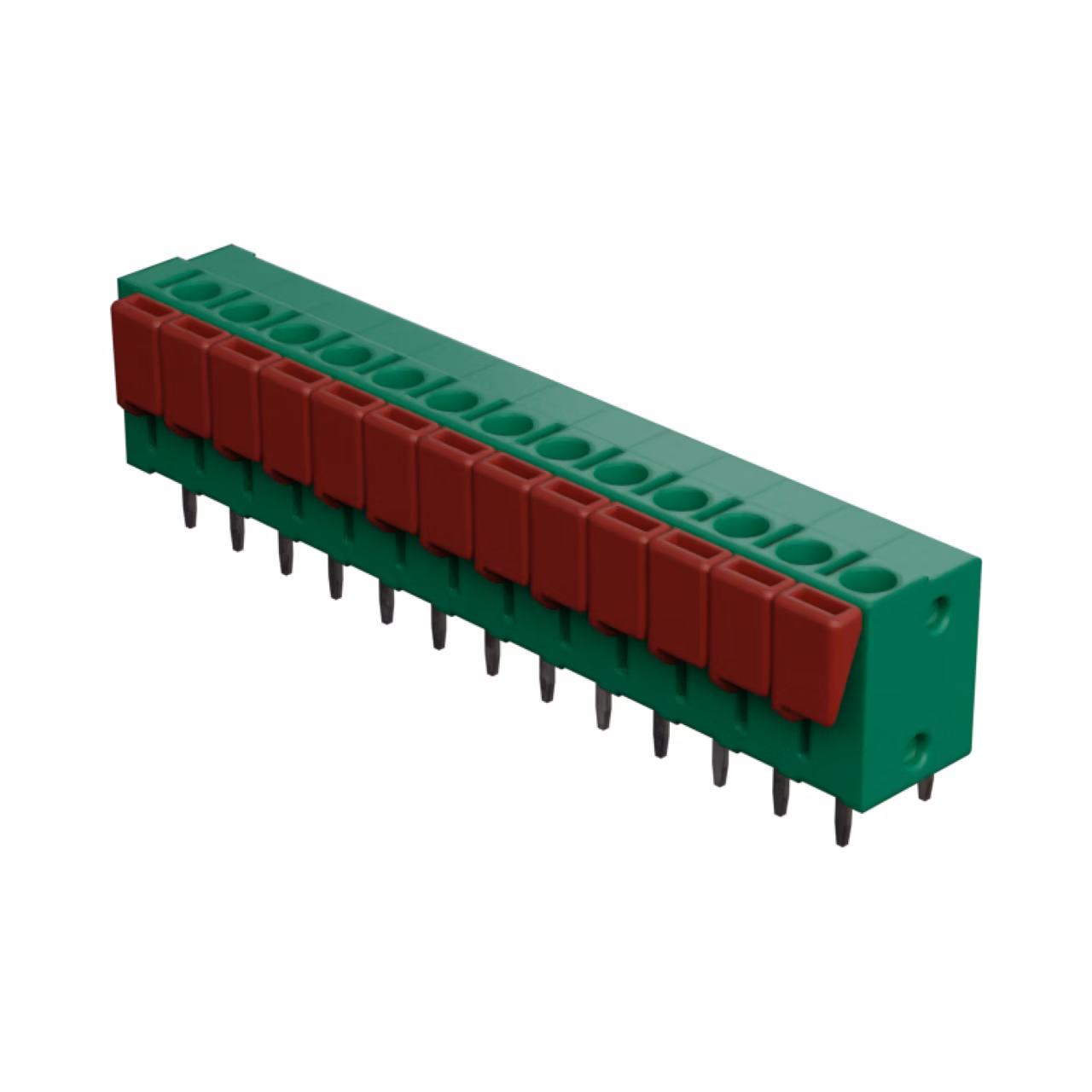 5.00mm Pitch, Eurostyle Fixed-Mount Push-Button Terminal Block, Vertical, 10A, 22-14 AWG, Green, 13 Circuits for sale