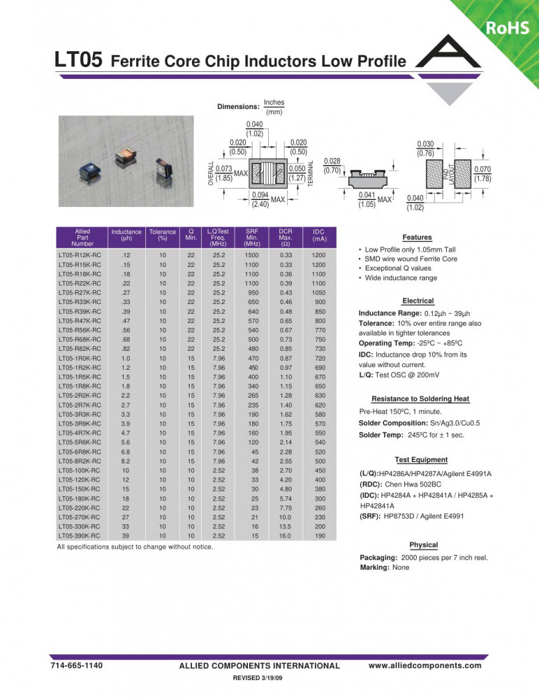 LT05 ferrite core chip inductor technical reference