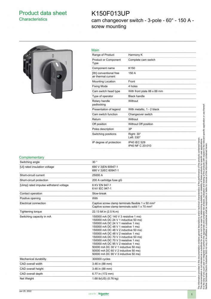 K150F013UP technical document page 1
