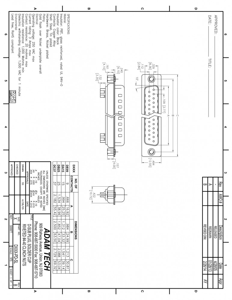 ADAM TECH DC37-PD-SL technical drawing