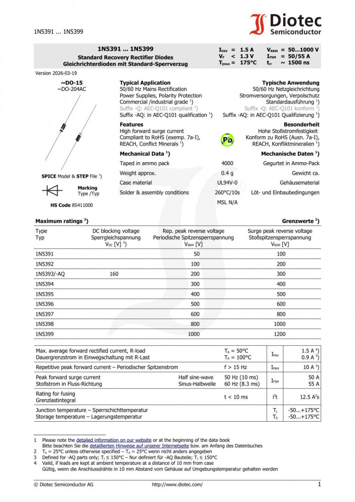 DIOTEC 1N5391 to 1N5399 datasheet page 1