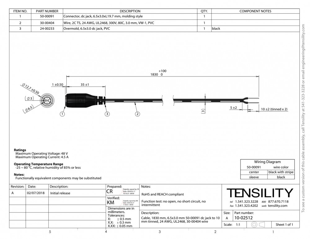 Tensility 10-02512 product drawing showing DC jack cable assembly details
