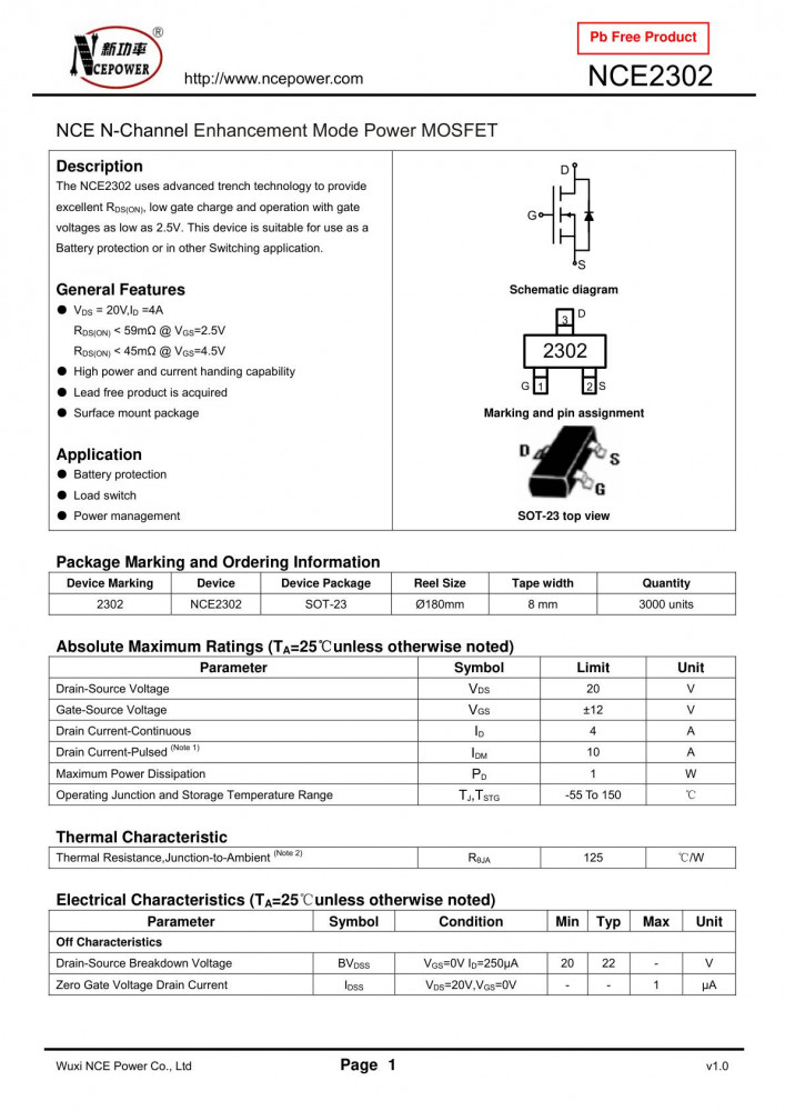 NCE2302 datasheet page 1