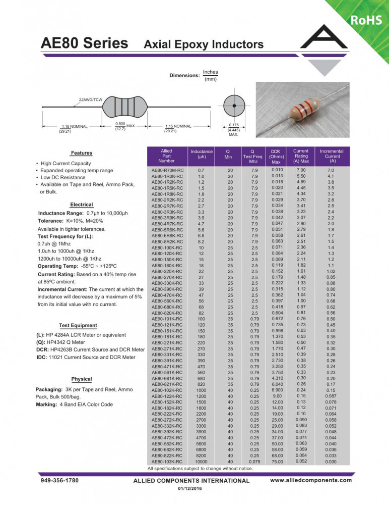 AE80 series axial epoxy inductor datasheet page
