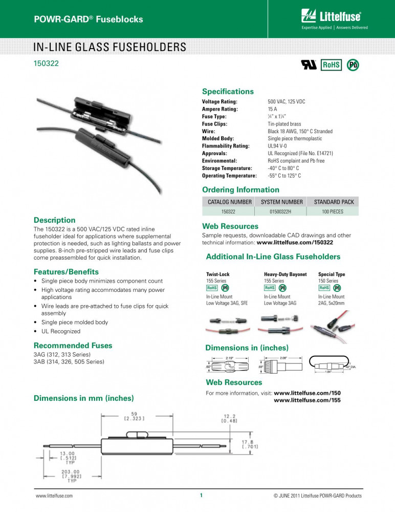 Littelfuse 150322 inline glass fuseholder documentation page