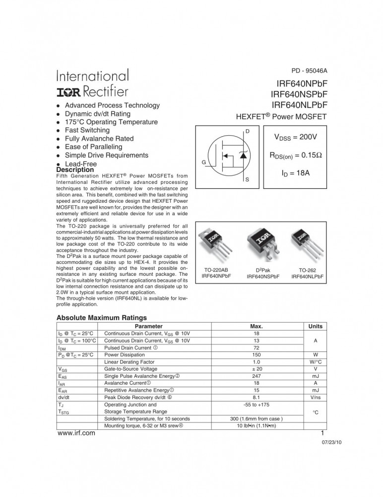 IRF640NPBF datasheet page 1