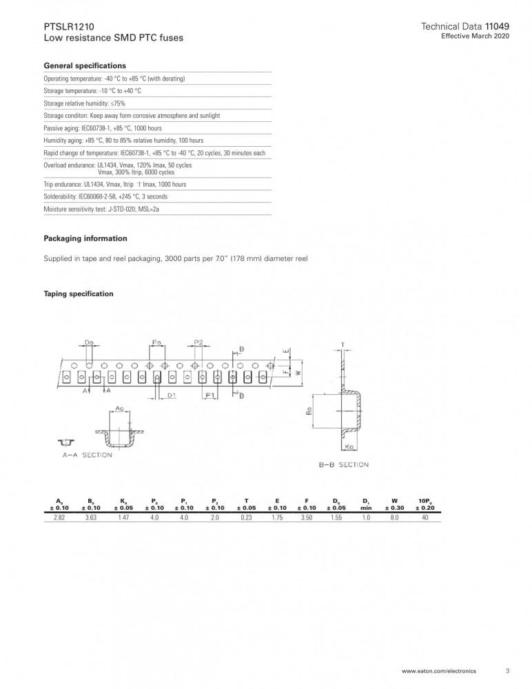 EATON PTSLR1210 packaging and taping information