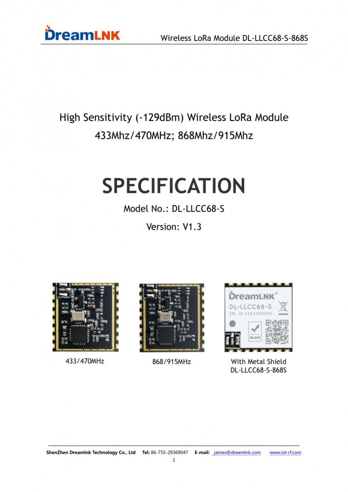 DL-LLCC68-S-868S datasheet page 1