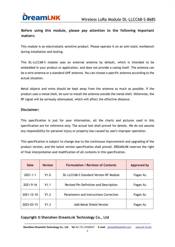 DL-LLCC68-S-868S datasheet page 2