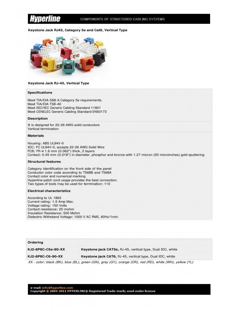 Hyperline KJ2-8P8C-C6-90-VT technical document preview