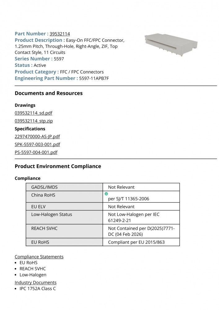 MOLEX 39532114 technical document preview, page 1