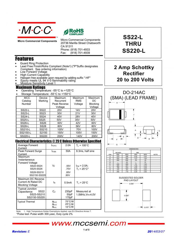 MCC SS24-LTP datasheet page 1