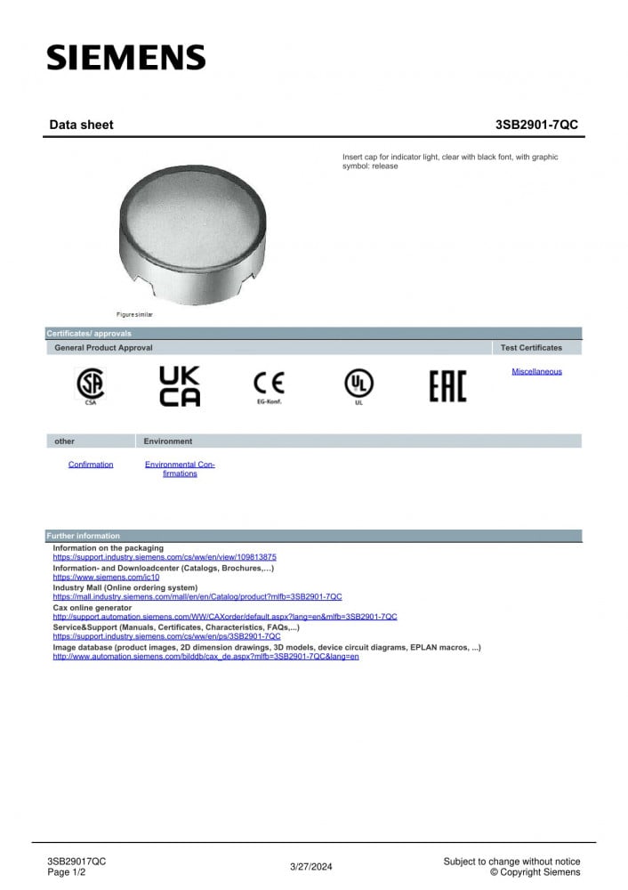SIEMENS 3SB2901-7QC datasheet page 1