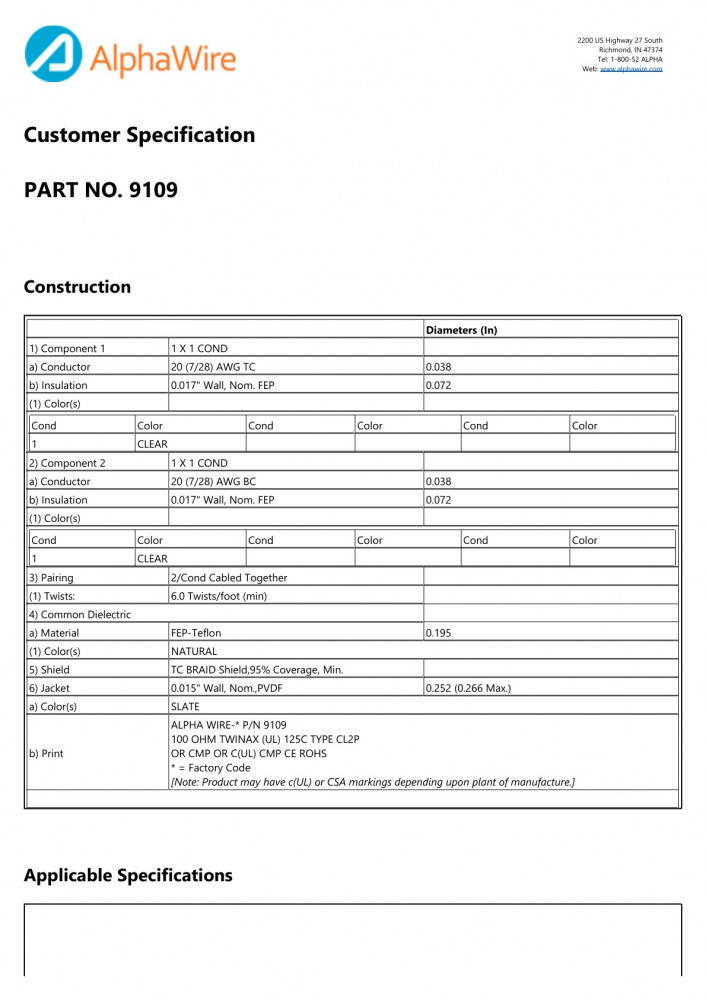 Alpha Wire 9109 specification page 1