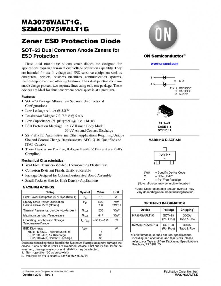 MA3075WALT1G datasheet page 1