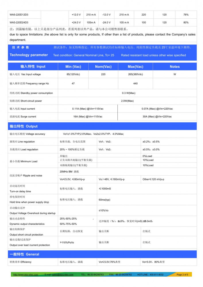 WA5-220S05D3A technical document page 2