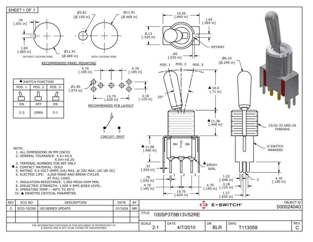 E-Switch 100SP3T8B13VS2RE technical drawing page