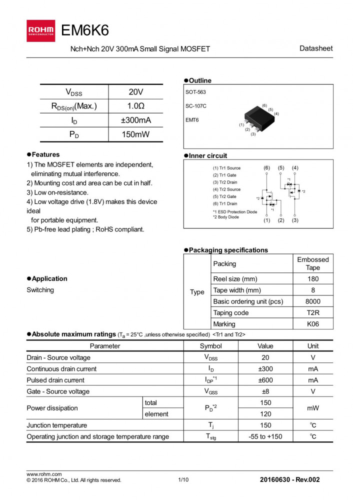 EM6K6T2R datasheet page 1
