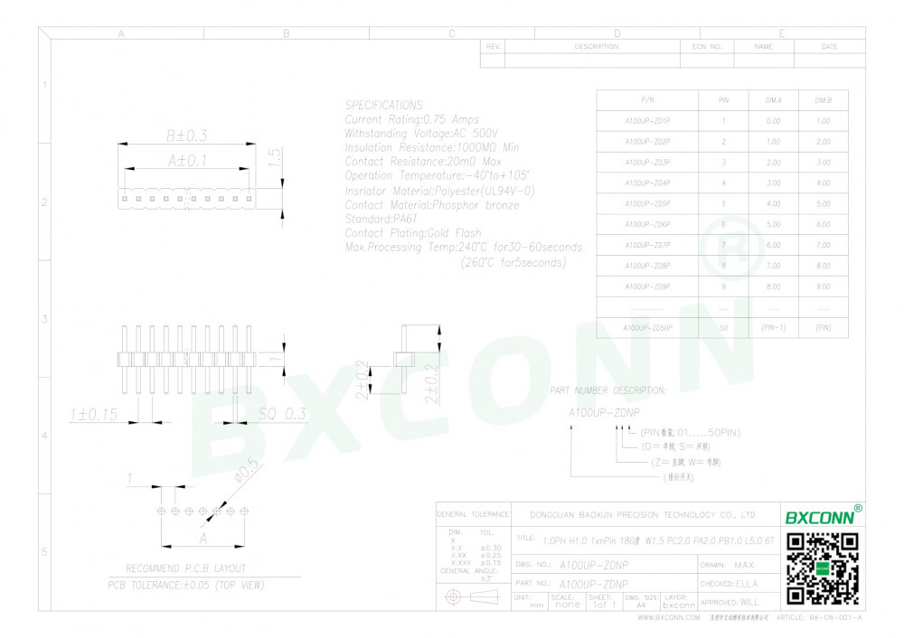BXCONN A100UP-ZDxP technical drawing preview