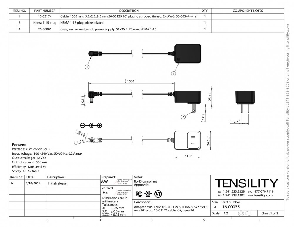 Tensility 16-00035 technical drawing, page 1