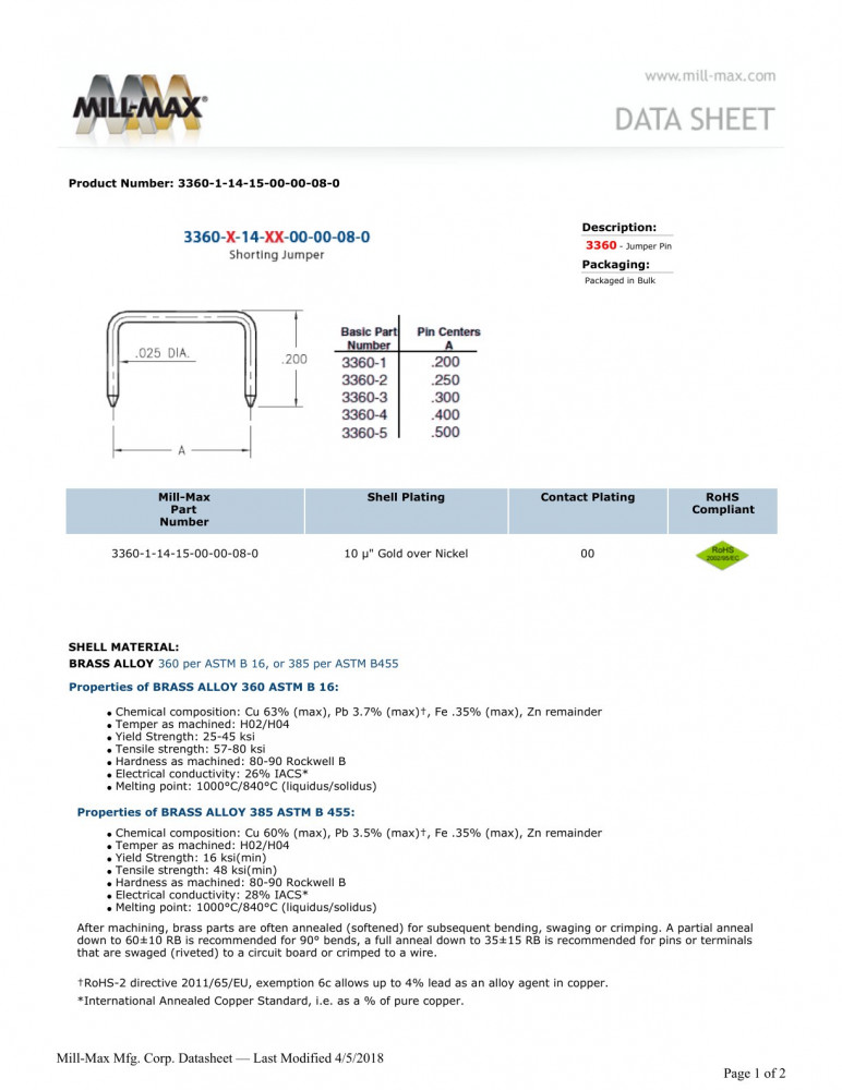 Mill-Max 3360 jumper pin technical document page 1