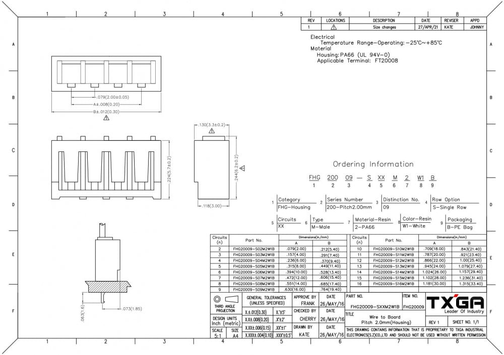 TXGA FHG20009-S03M2W1B technical drawing