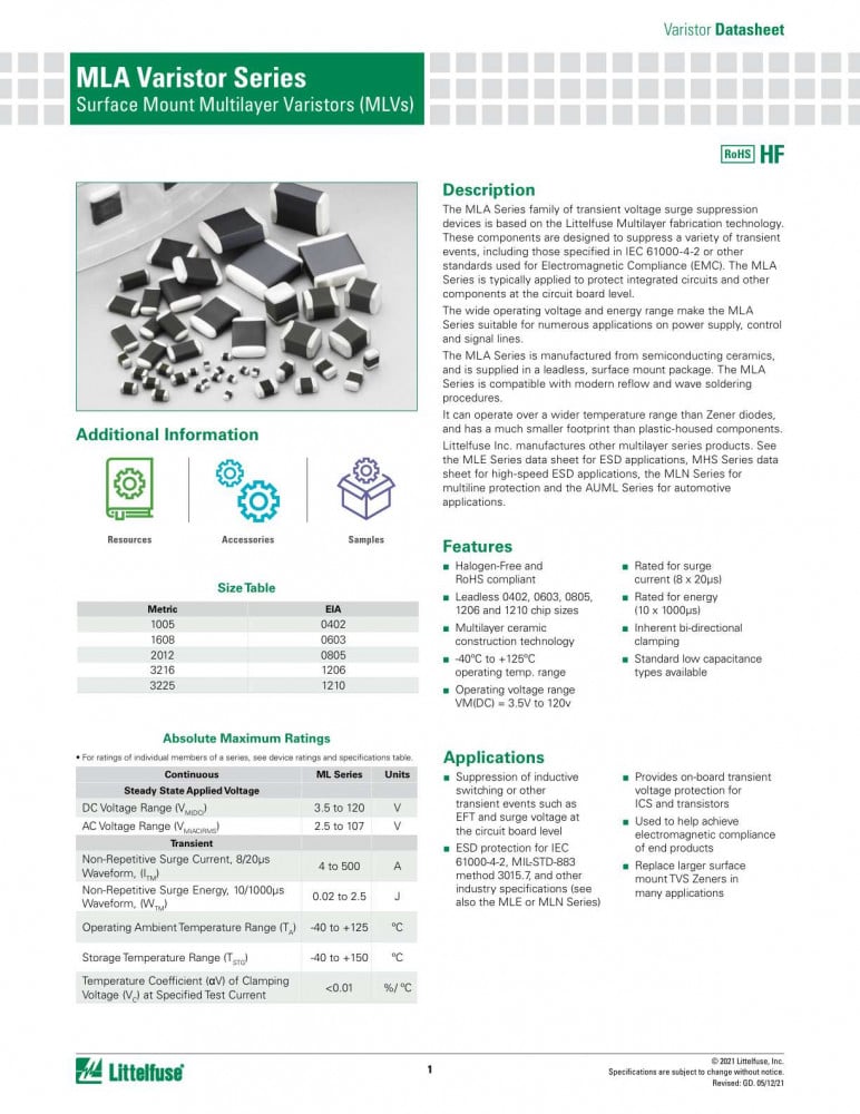 Littelfuse MLA datasheet page 1