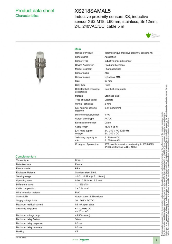 XS218SAMAL5 datasheet page 1
